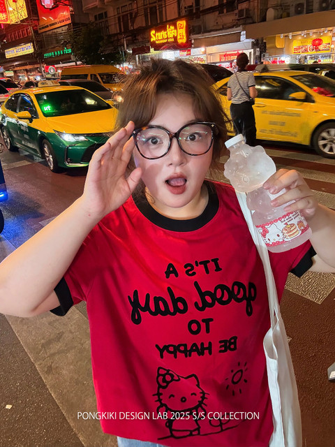 Lao Zhang and Xiaopang PONGKIKI Flocking Kitten Good Luck T-shirt Women's Large Size Short ...