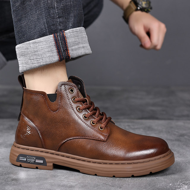 Woodpecker Martin boots men's genuine leather winter plus velvet warm wool work boots high-top ...