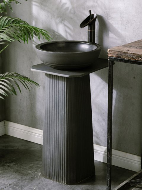 Black Stone Pedestal Basin Outdoor Wash Basin Balcony Floor-Standing ...