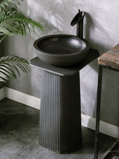 Black Stone Pedestal Basin Outdoor Wash Basin Balcony Floor-Standing ...
