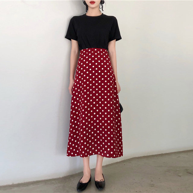 Polka-dot skirt plus size fat mm chiffon a-line skirt 2024 new high-waisted little black skirt ...
