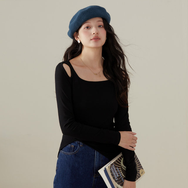 onemore long-sleeved off-shoulder T-shirt sweater slimming top women's bottoming shirt ...