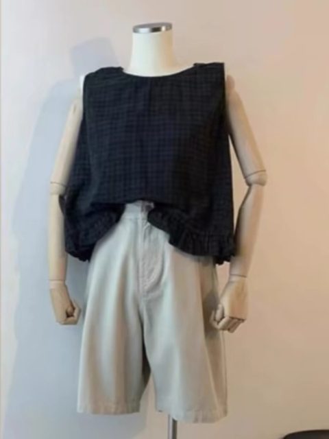 Japanese grid lazy style solid color vest suspended women's summer ...