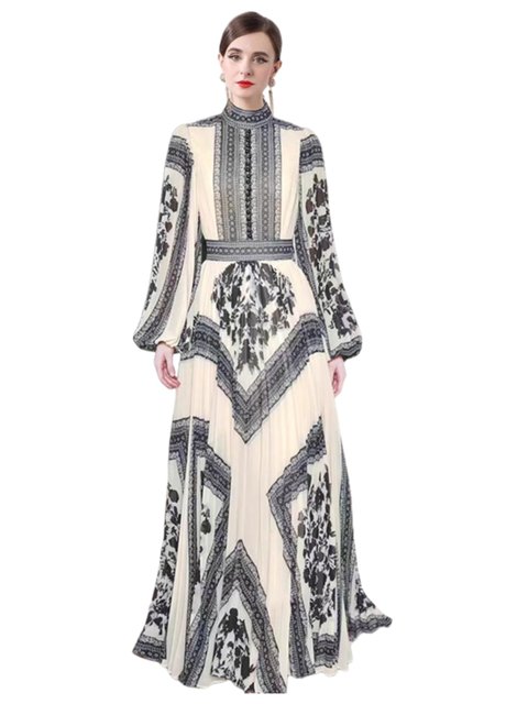 Retro standing long -sleeved printed pleated long model dress 2025 ...