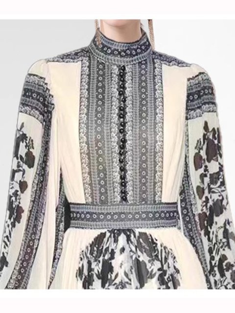 Retro standing long -sleeved printed pleated long model dress 2025 ...