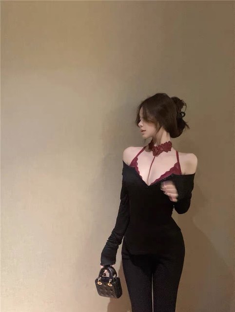 Sexy lace halter neck strap with v-neck bra top black suit for women ...