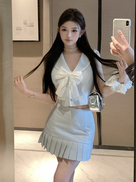 Summer retro style thin tweed navy collar bow top vest + fish tail ...