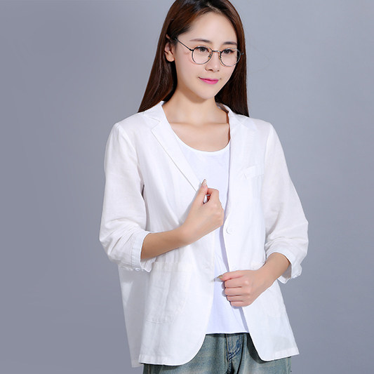 Cotton and linen small suit jacket 2024 summer new thin linen suit three-quarter sleeve women's ...