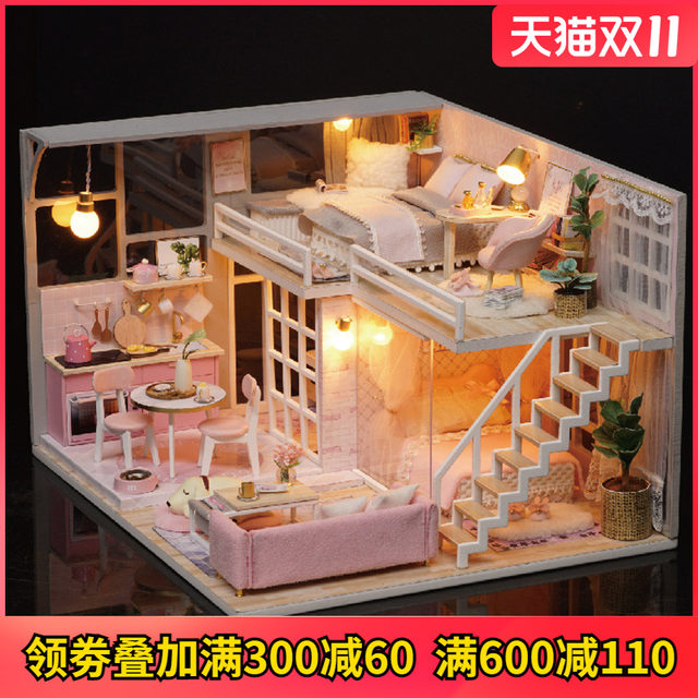 diy cabin handmade mini princess small house model loft assembled villa ...