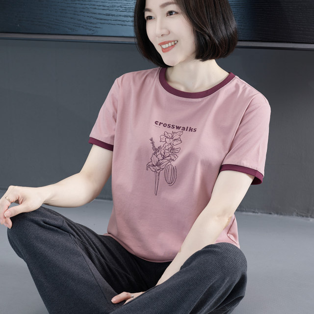 Women's summer new shirt round collar pink loose large size middle ...