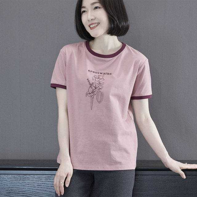 Women's summer new shirt round collar pink loose large size middle ...