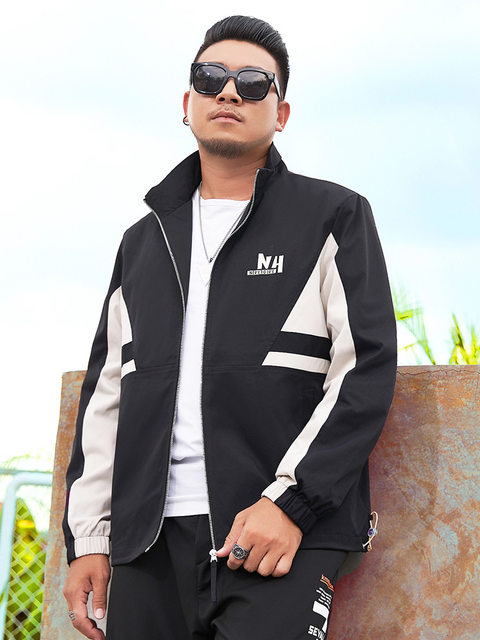 Large size men's spring and autumn trendy brand stand collar jacket fat ...