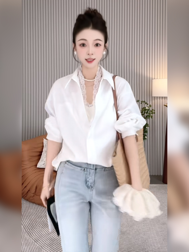 Spring lazy style lace splicing design V-neck shirt female temperament loose and slimming fake ...