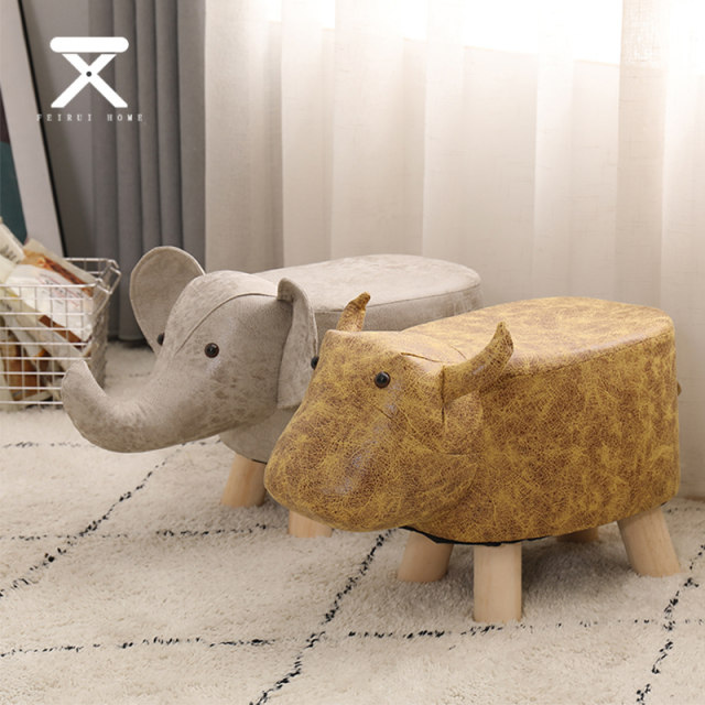 Children's solid wood short sitting stool creative animal elephant ...