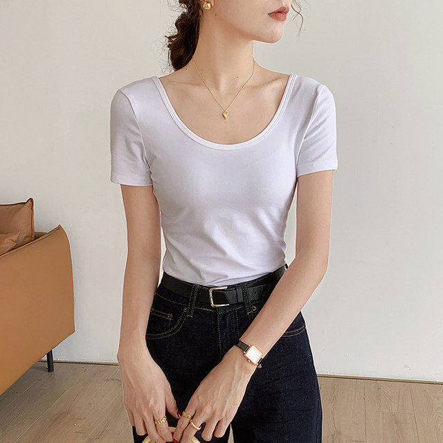 Pure cotton u-neck white short-sleeved T-shirt for women's summer ...