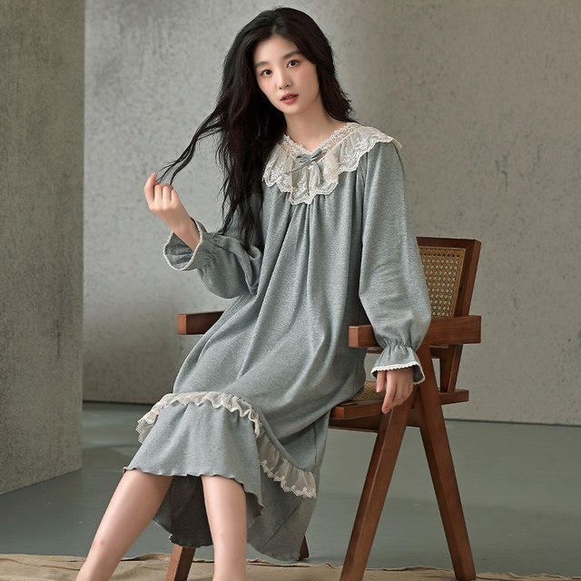 Autumn and winter pajamas, nightgown, women's pure cotton long-sleeved ...