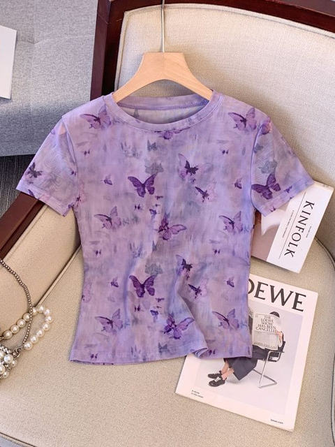 Retro tie-dyed ice mesh short-sleeved round neck T-shirt for women in ...