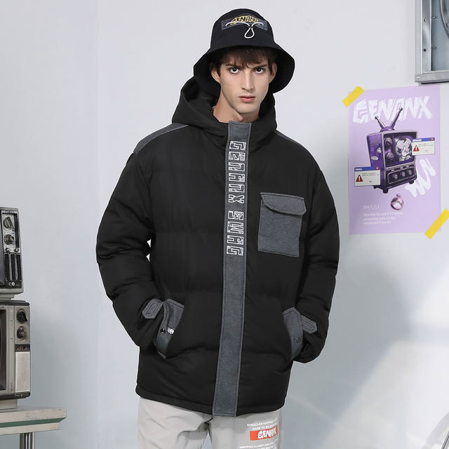 GENANX Lightning Fashion Brand Black Gray Hooded Down Jacket Men's Winter Warm Splicing Patch ...
