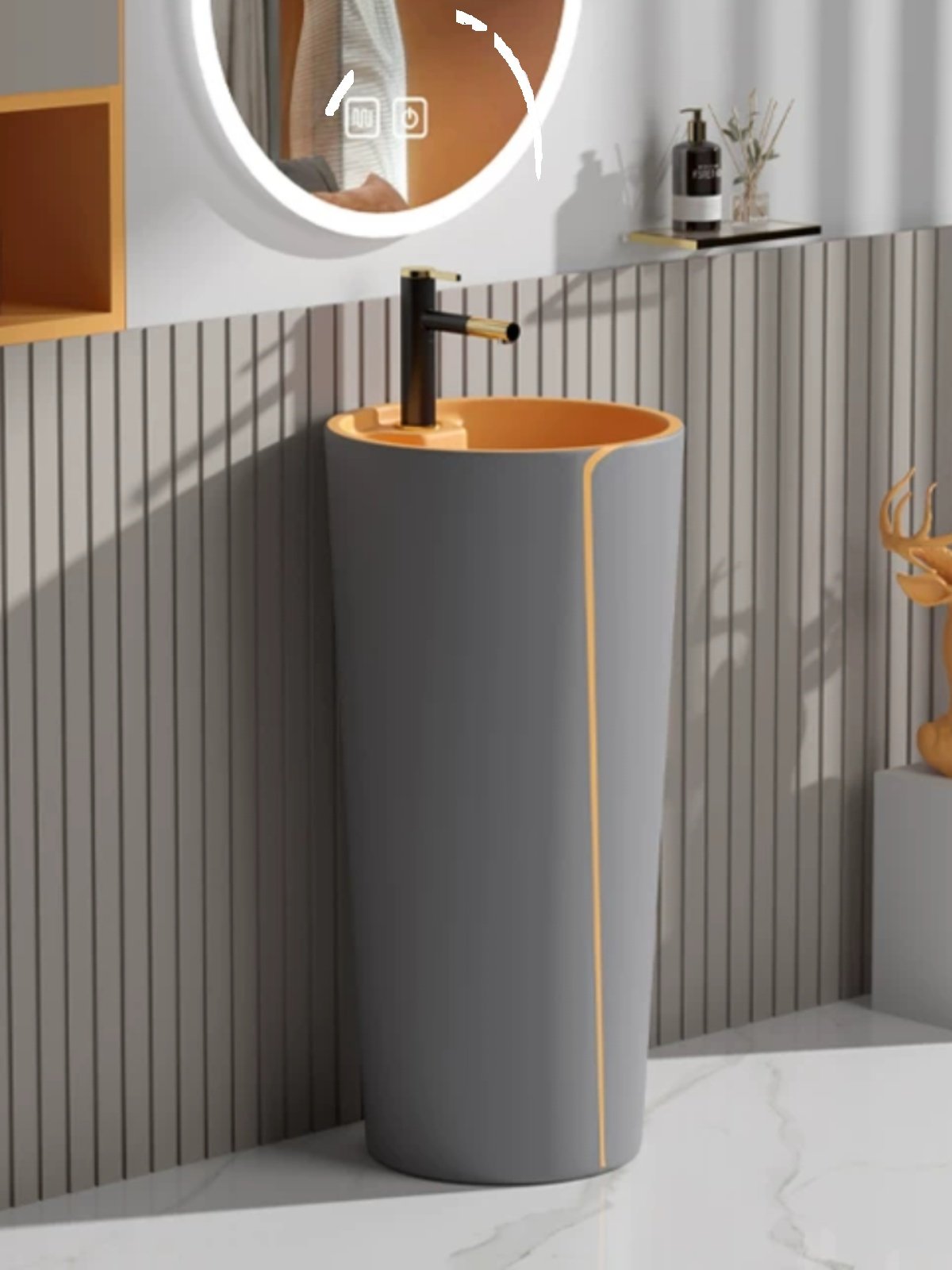 Ceramic Column Wash Basin - Gray & Orange Modern Bathroom Sink