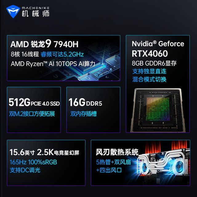 Mechanical Dawn 15proamd Ryzen R9-7940h laptop RTX4060 Dujian game book 2.5k165Hz screen office ...