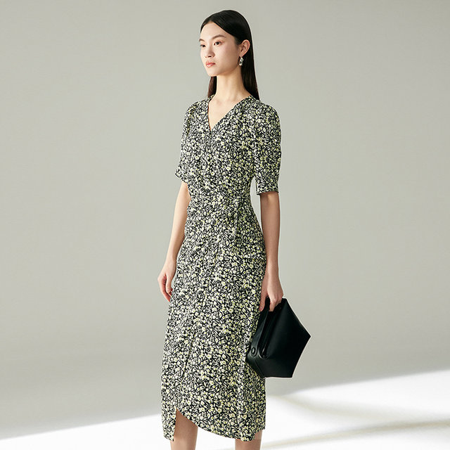 MOFAN Mofan Fashion Floral Chiffon Tea Break Dress Women's 2024 Summer New Green Pattern V-neck ...