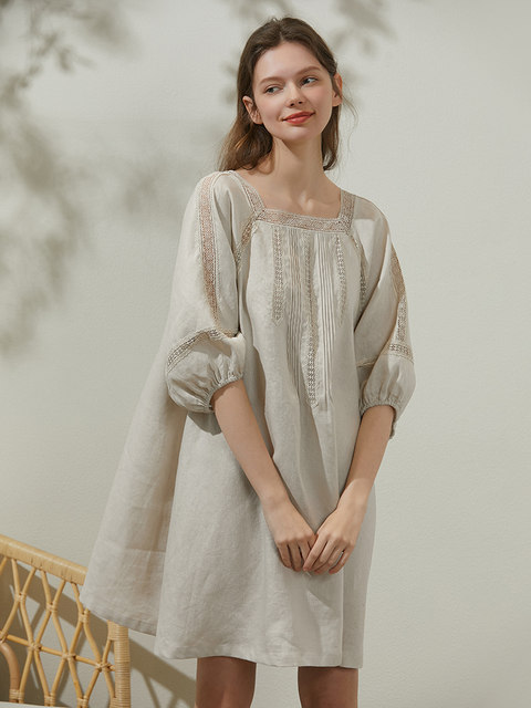 Liney retro solid color lantern sleeve loose dress square collar seven ...