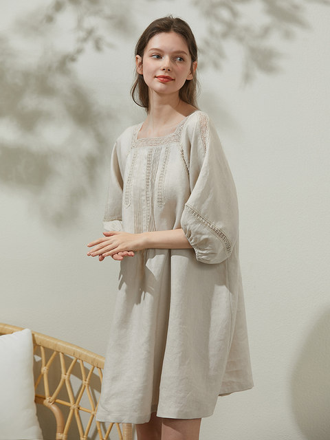 Liney retro solid color lantern sleeve loose dress square collar seven ...