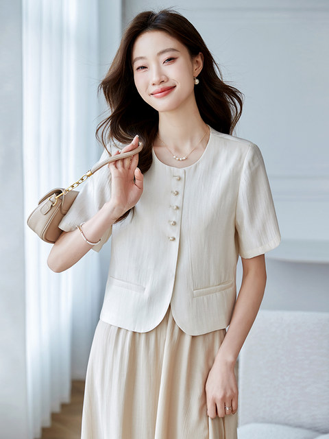 Acetate Blazer for Women, Summer Short-Sleeved, Short Style, Round Neck ...