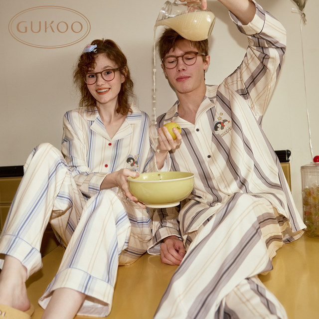 Gukoo/Fruit Shell Couple Pajamas Women's Spring and Autumn New Pajamas Simple Striped Pure ...