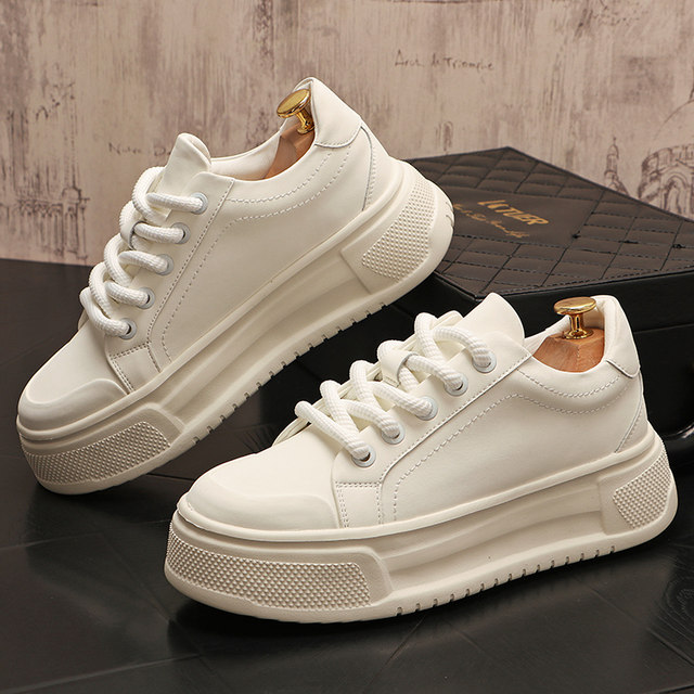 White shoes for men's solid color simple low-top shoes thick sole ...