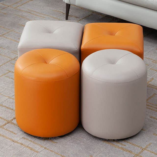 Light luxury genuine leather small round stool home sofa leather stool ...