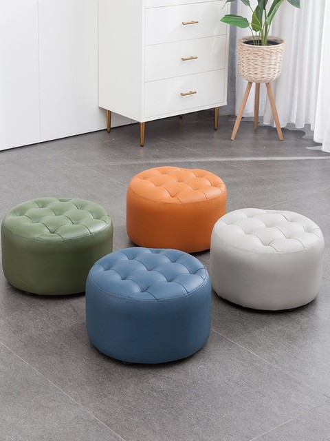Light luxury genuine leather small round stool, household sofa low ...