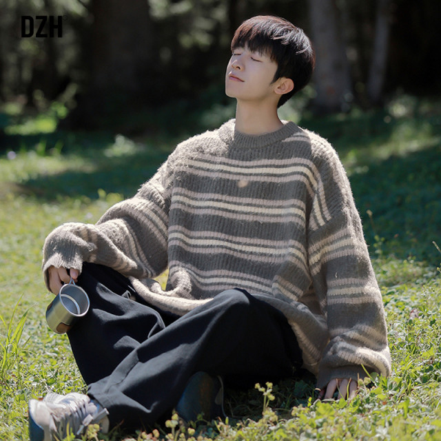 Men's round neck striped sweater men's autumn and winter lazy style ...