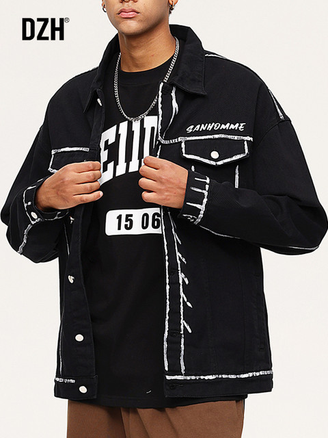 Men's printed black denim jacket men's autumn and winter design tops ...