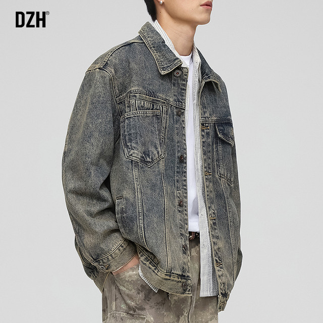 Men's mud yellow denim jacket men's fashion brand high-end American ...