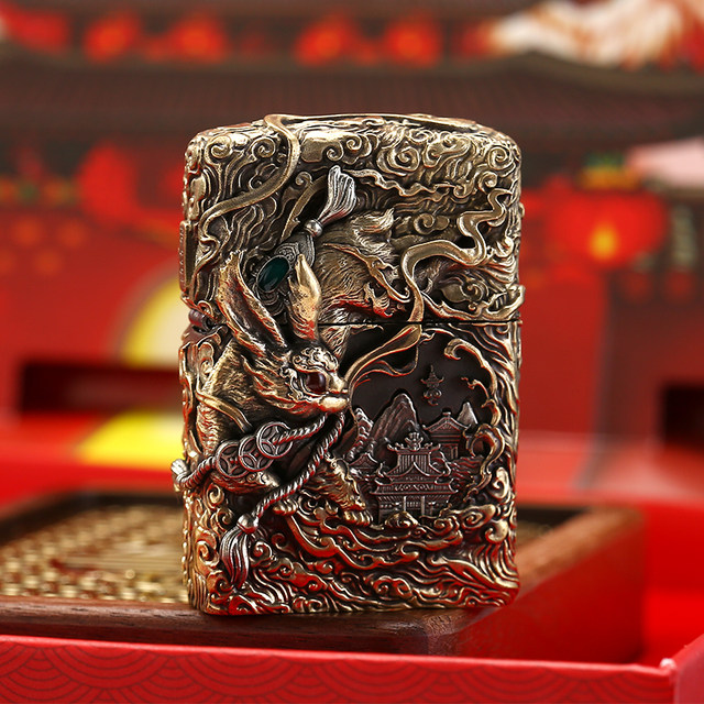Zippo lighter genuine auspicious moon rabbit shell armor pure copper men's windproof kerosene ...