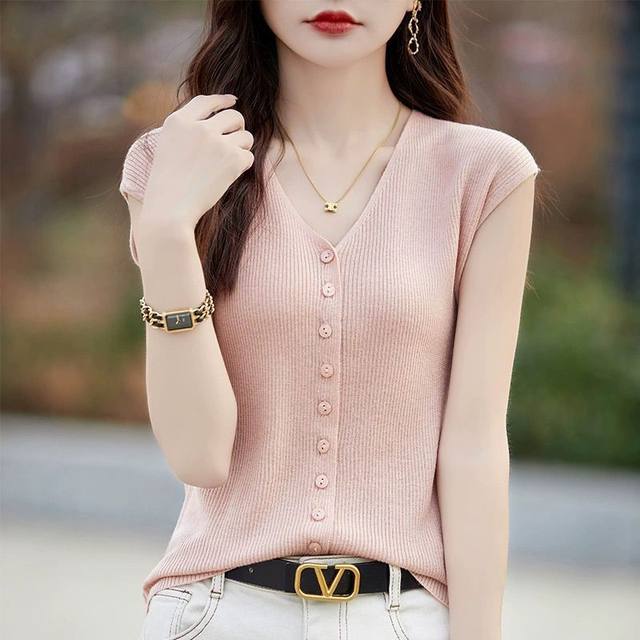 V-neck ice silk top for women 80-200Jin [Jin equals 0.5kg] Summer slim ...