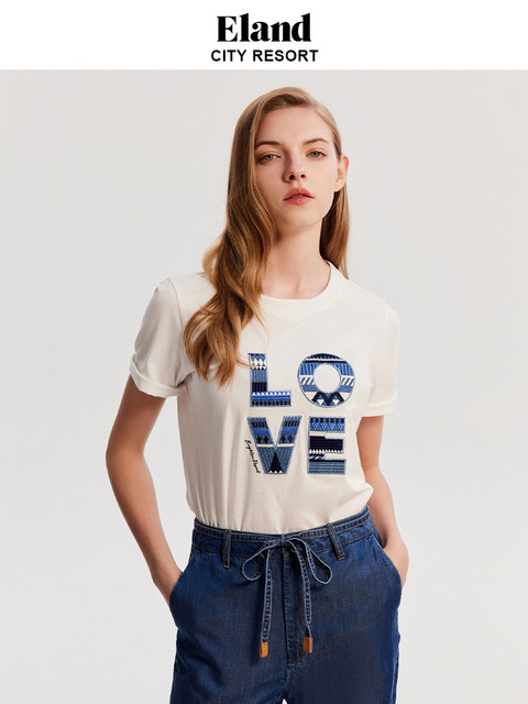 Eland clothes short -sleeved T -shirt female summer college wind round ...