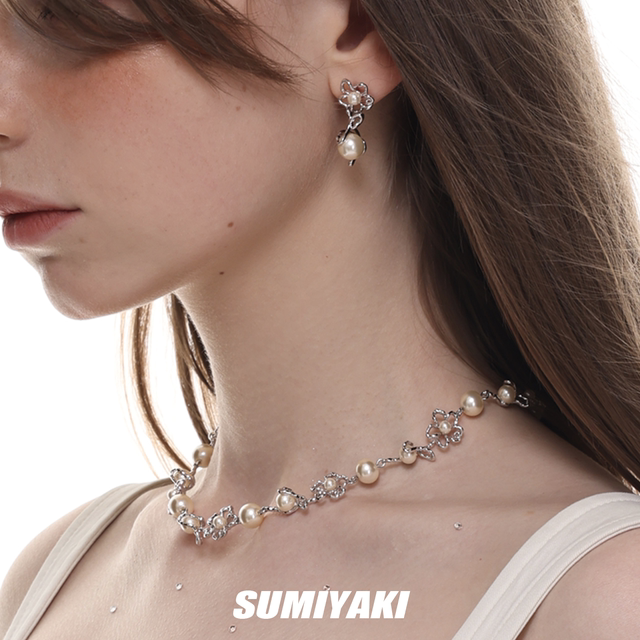 SUMIYAKI graffiti lines small flower pearl hollow s925 silver needle earrings fashion commuter ...