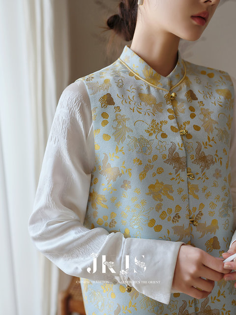 JKJS new Chinese style buckle vest 2025 new improved Tang jacquard top