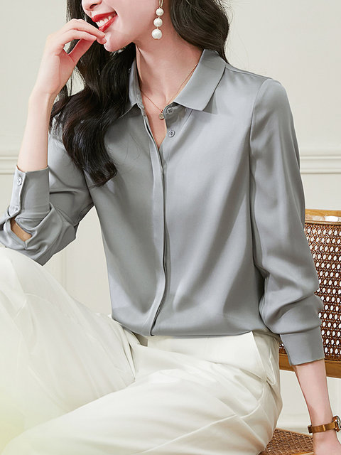 Hengyuanxiang long -sleeved silk shirt new women's fashion solid color professional shirt ...