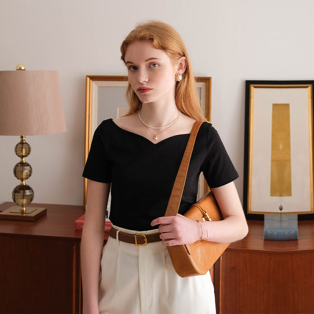 RANRUO French heart-shaped collar short-sleeved T-shirt for women ...