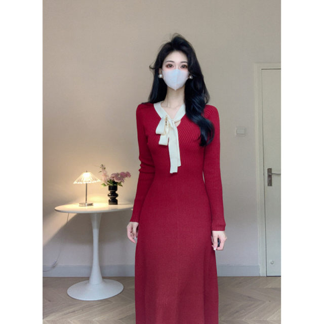 Amy's store foreign trade quality knitted French red dress autumn and ...