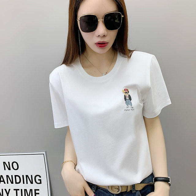 Short-sleeved women's new summer loose white European T-shirt, bear ...