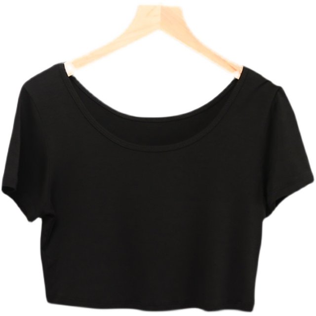 Modal half-length bottoming short round neck top with navel-baring T ...