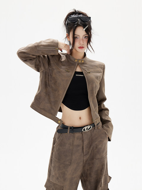 White Xiaoyu American retro motorcycle short Maillard leather jacket ...