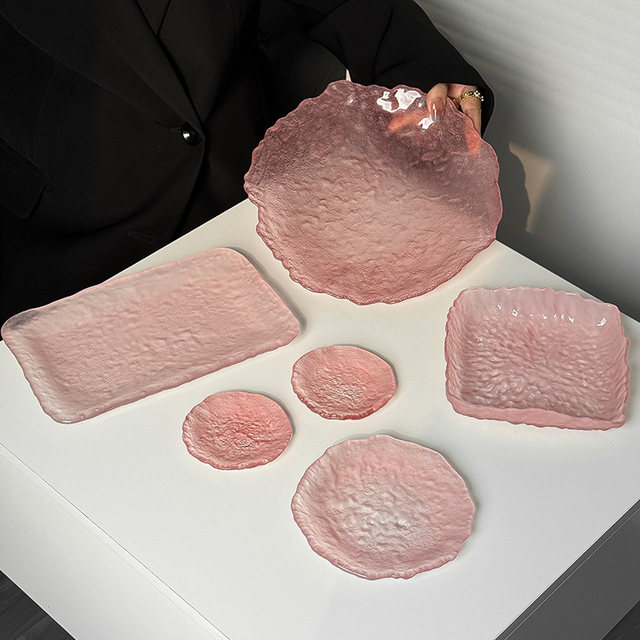 High-end pink irregular ice dew glass plate home dessert plate fruit ...
