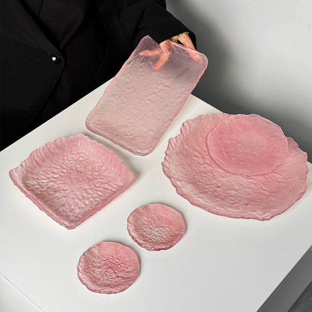 High-end pink irregular ice dew glass plate home dessert plate fruit ...