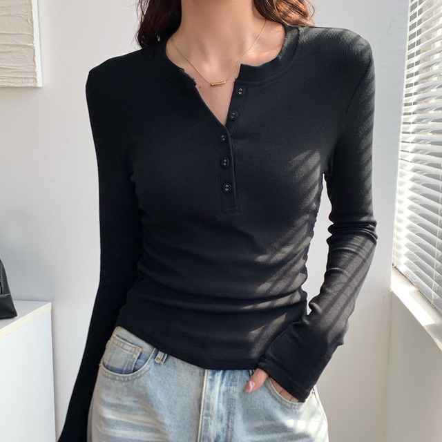 European cargo round neck button long -sleeved base T -shirt female ...