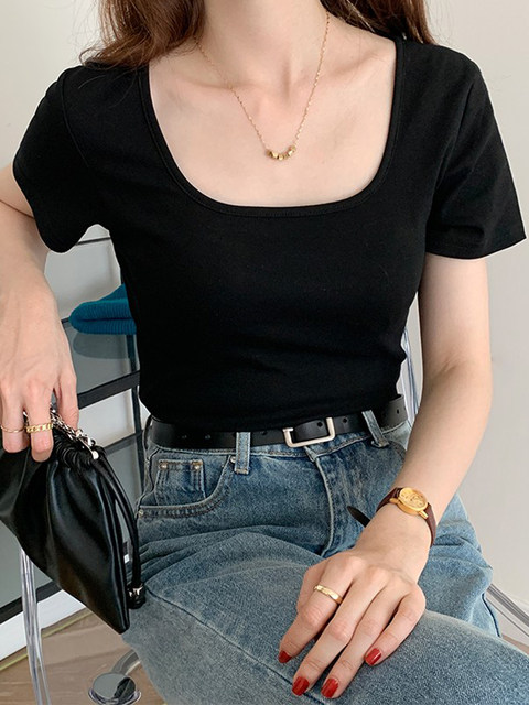 2025 spring and summer solid color square collar T-shirt for women low ...